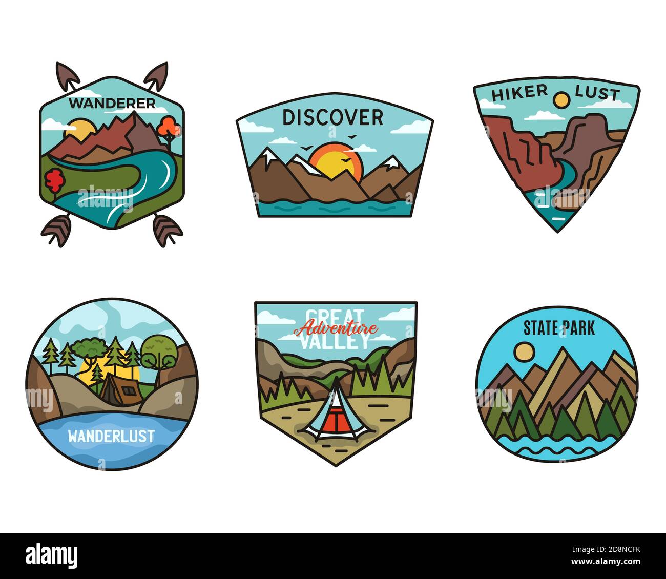 Camping adventure badges logos set, Vintage travel emblems. Hand drawn ...
