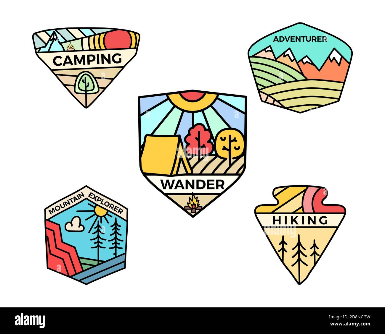 Camping adventure badges logos set, Vintage summer travel emblems. Hand ...