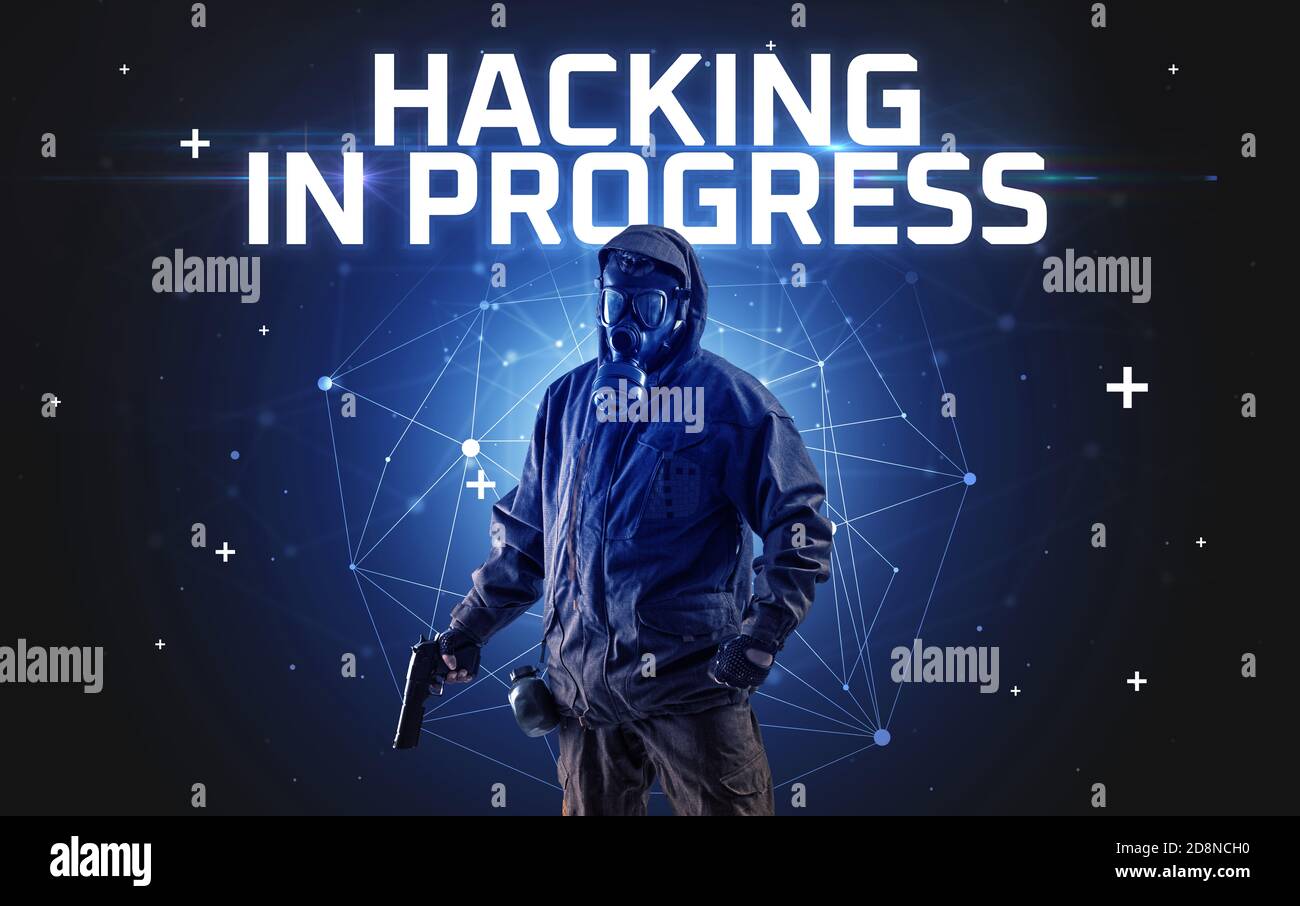 Mysterious hacker with HACKING IN PROGRESS inscription, online attack ...