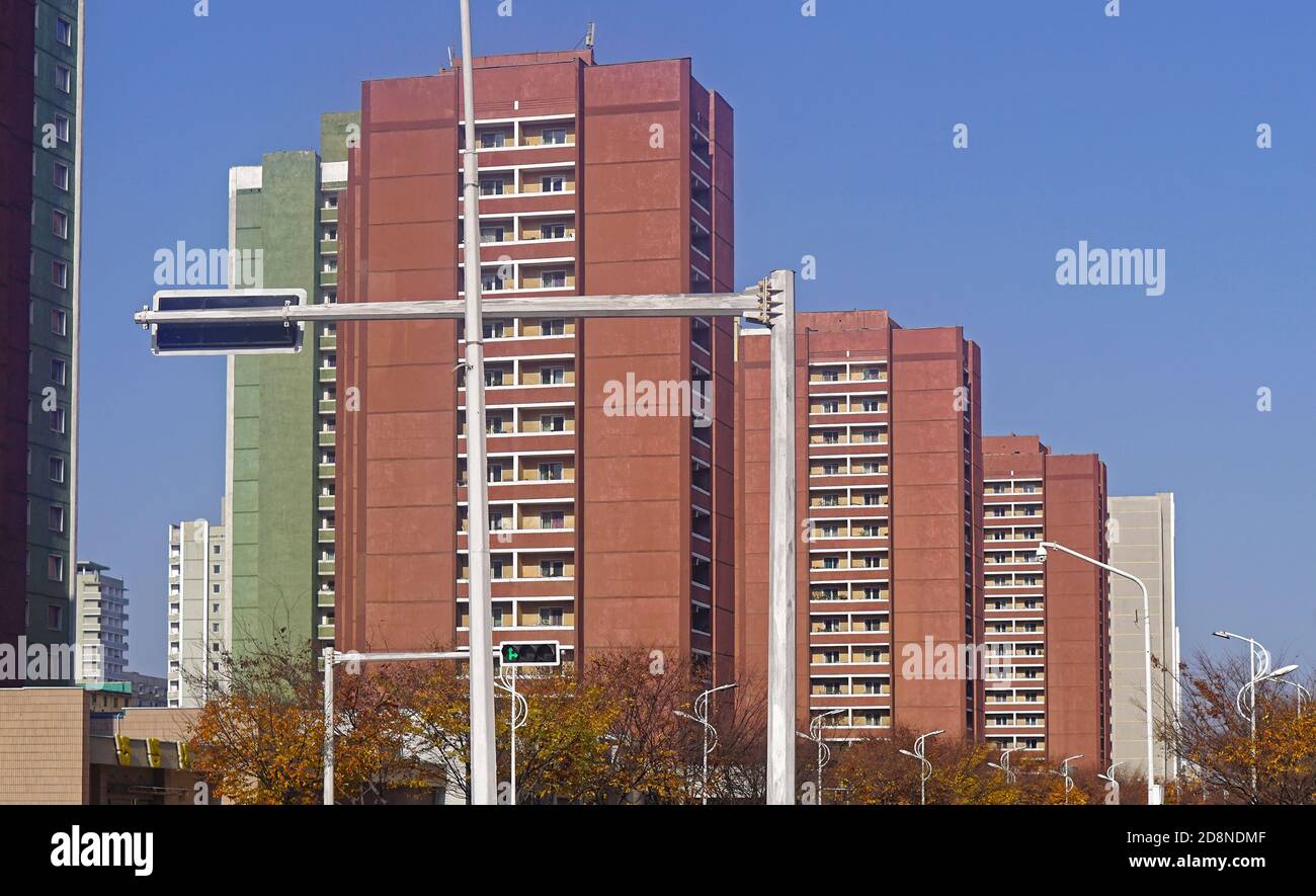 Residential buildings downtown in captial city Pyongyang North Korea ...