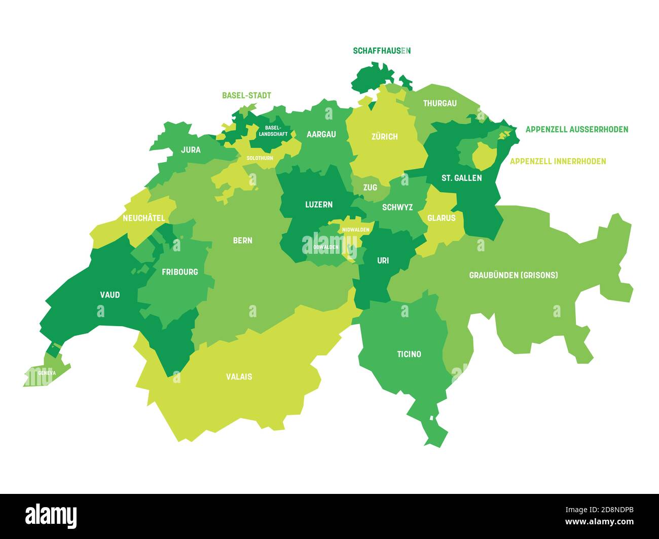 Green political map of Switzerland. Administrative divisions - cantons ...