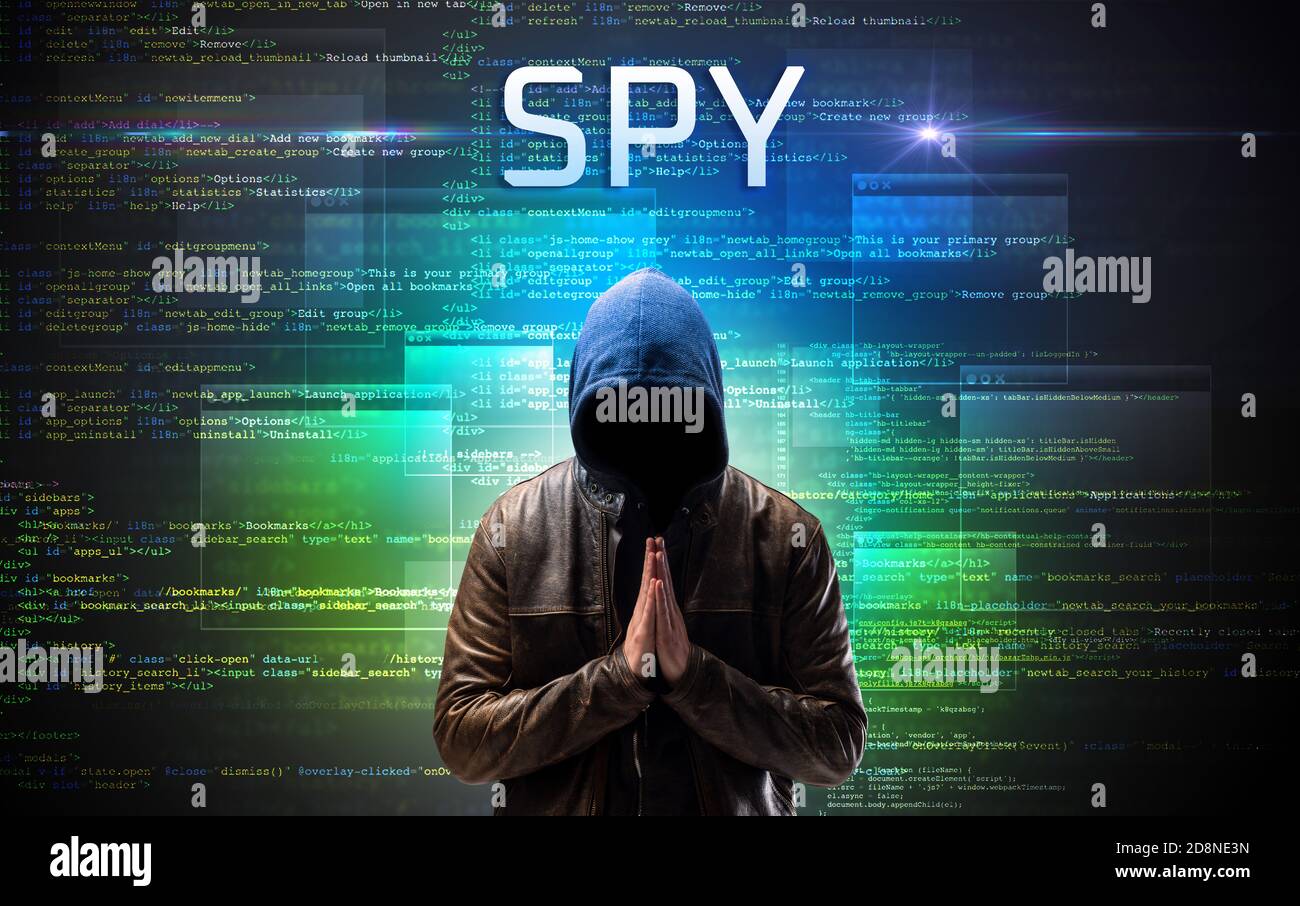 Faceless hacker with SPY inscription on a binary code background Stock ...