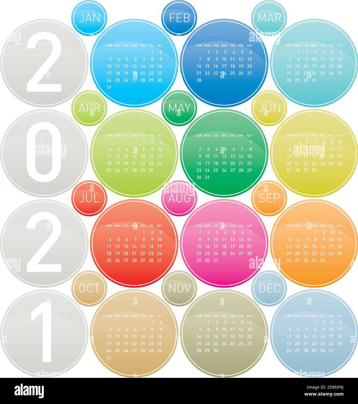 Colorful Circles Calendar for Year 2021, in vectors Stock Vector Image ...