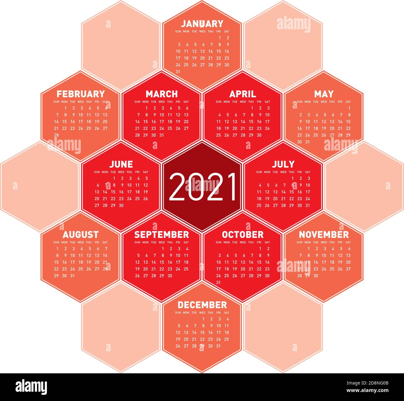 Red Calendar for year 2021 in an hexagonal pattern. In vector format ...