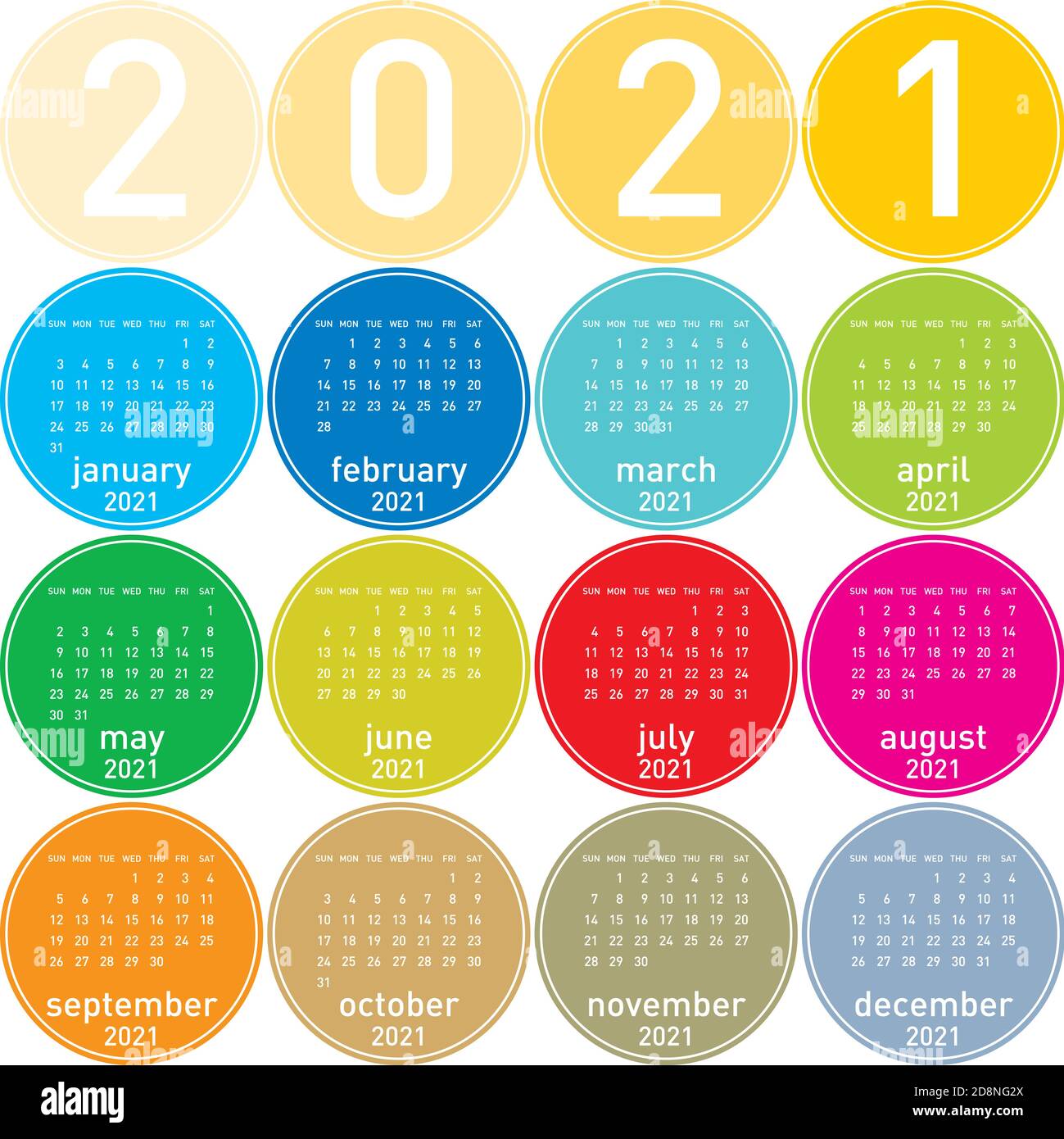 Colorful Circles Calendar for Year 2021, in vectors Stock Vector Image ...