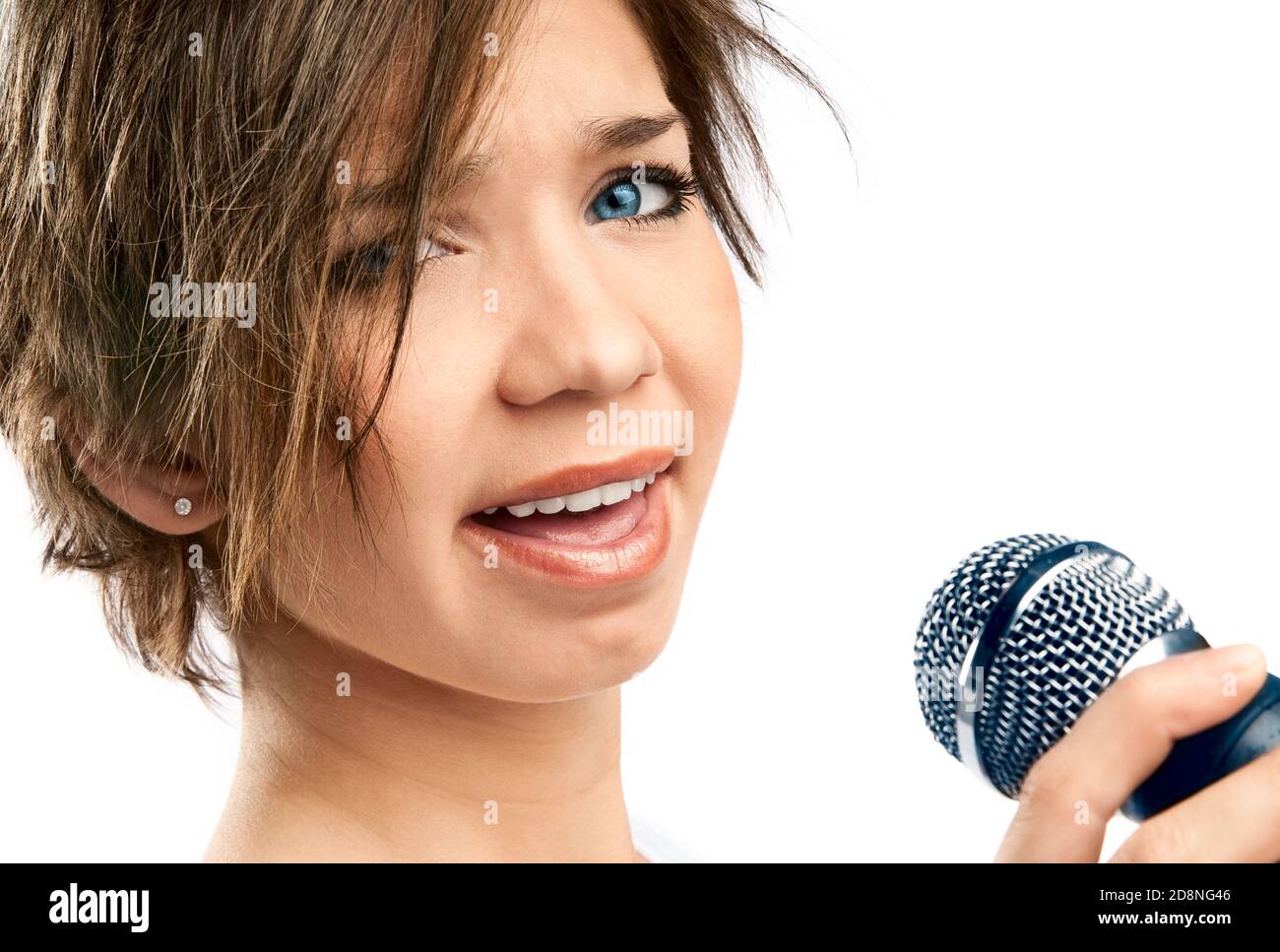 Girl Singing on white background Stock Photo - Alamy