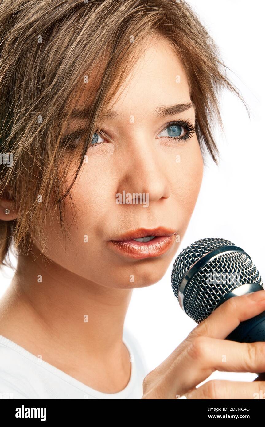 Girl Singing on white background Stock Photo - Alamy