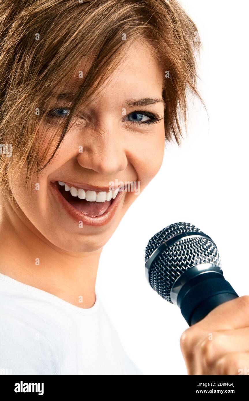 Girl Singing on white background Stock Photo - Alamy