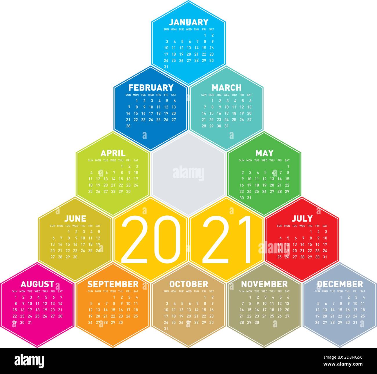 Colorful Calendar for year 2021 in an hexagonal pattern. In vector ...