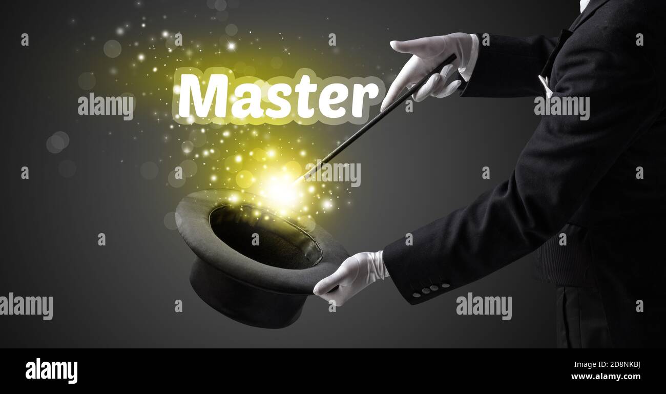 Magician is showing magic trick with Master inscription, educational ...