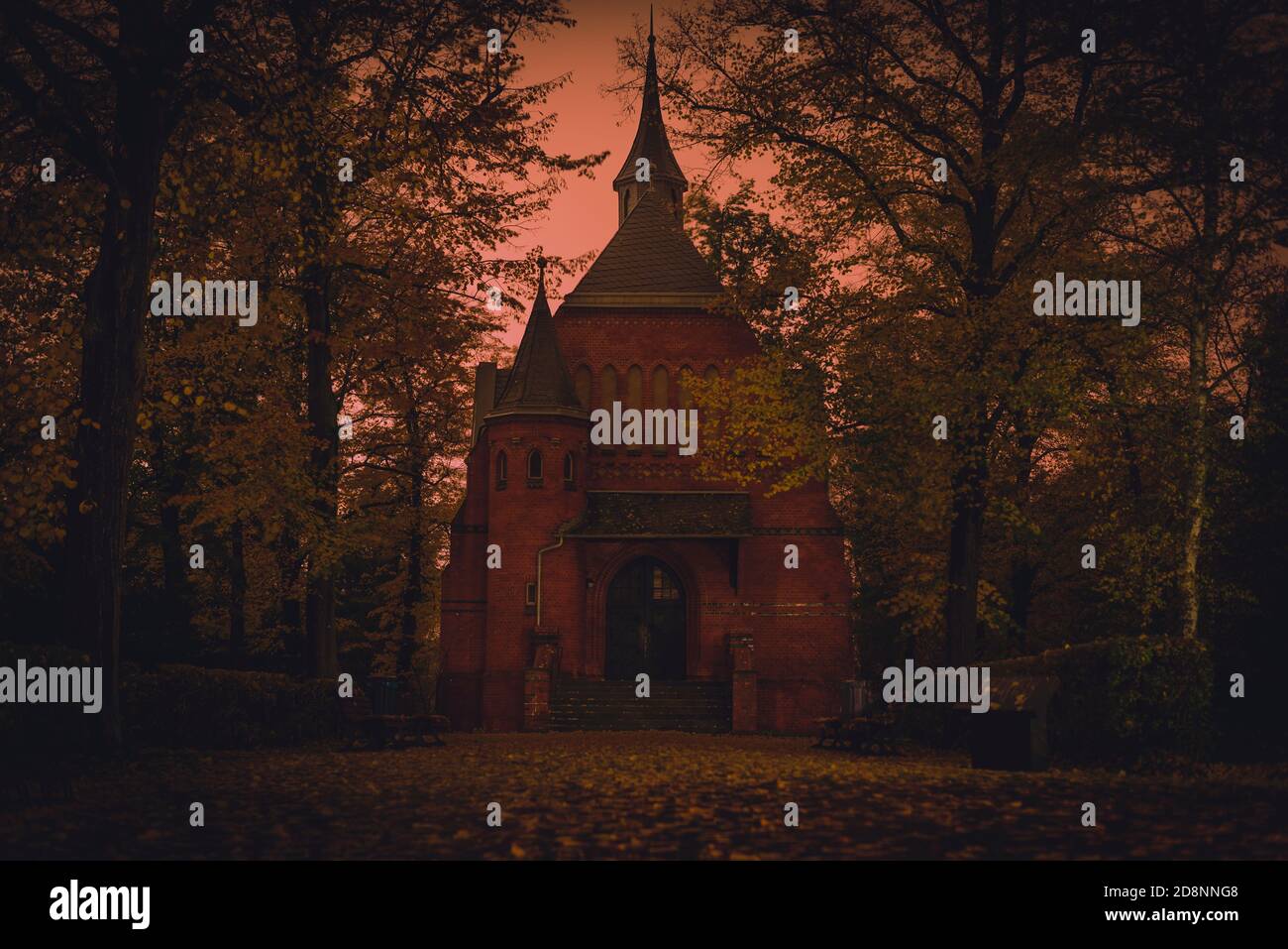 cemetery chapel at Night, autumn trees, spooky Chapel on a Cemetry at ...