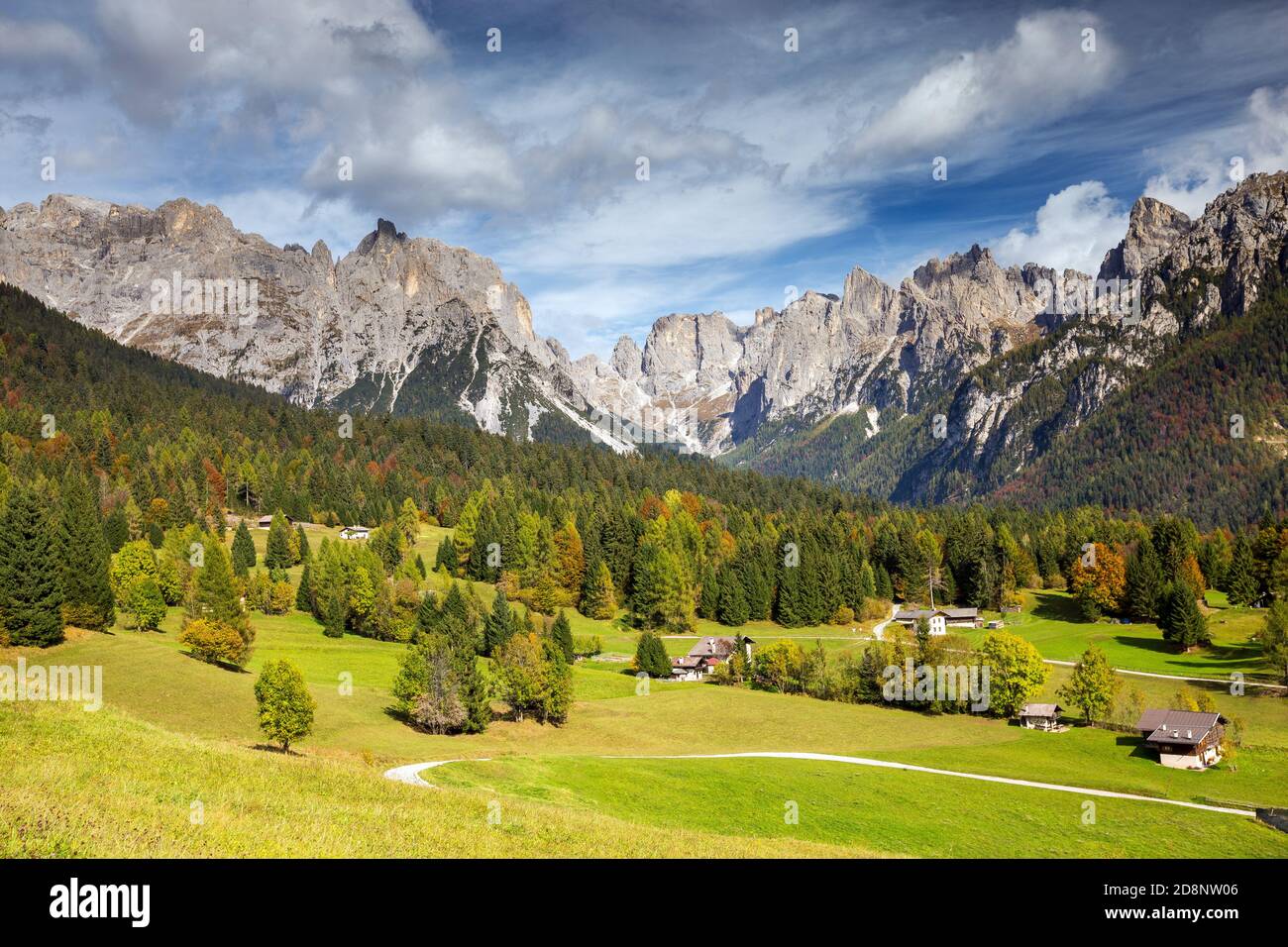 The Val Canali valley, view from Piereni. The Pale di San Martino ...