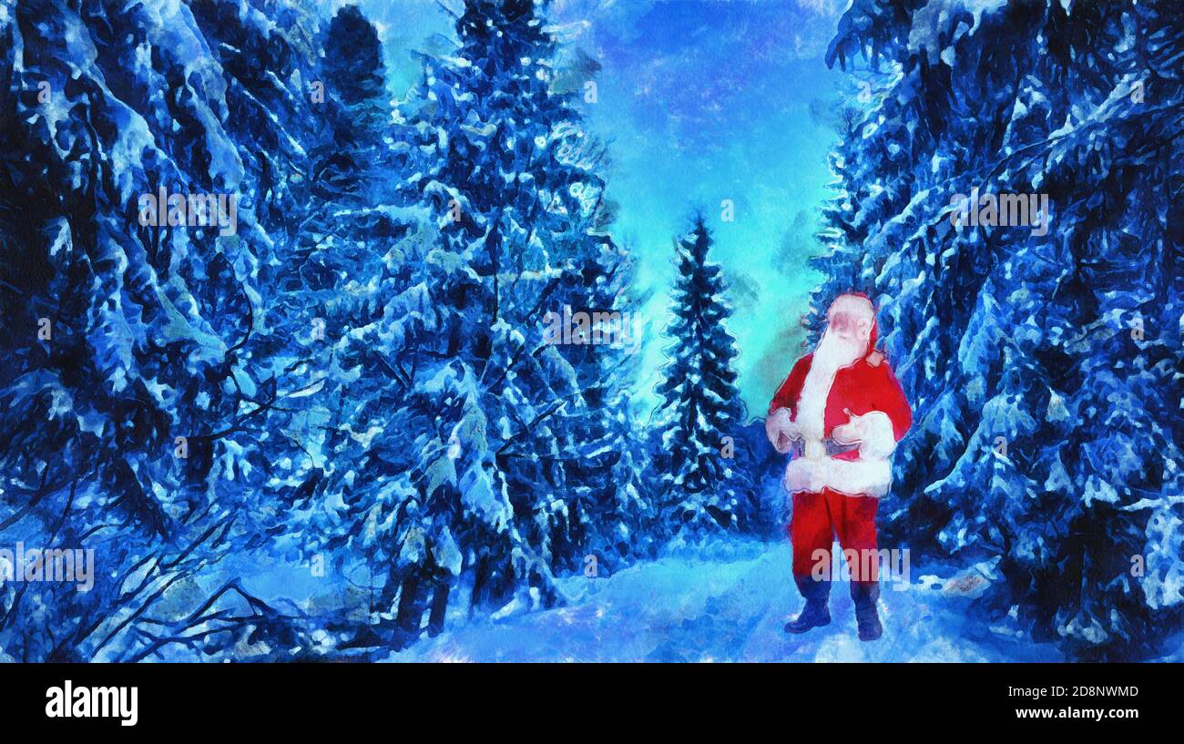 Santa Claus on the background of snowy trees. Beautiful winter ...