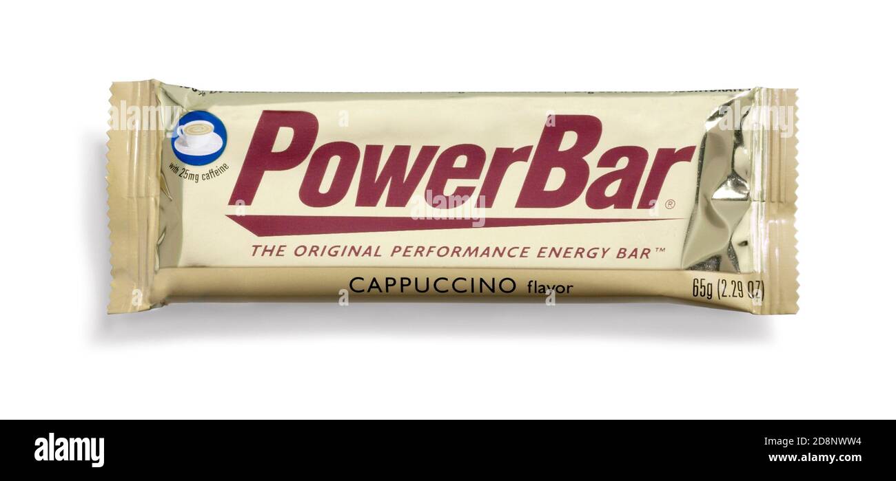 Cappuccino flavored PowerBar energy bar photographed on a white ...