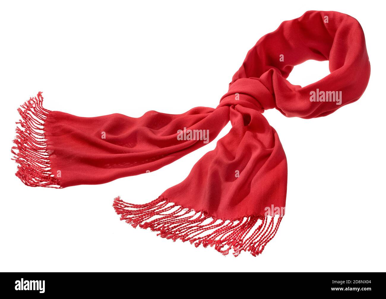 Bright red tied scarf with fringe photographed on a white background ...