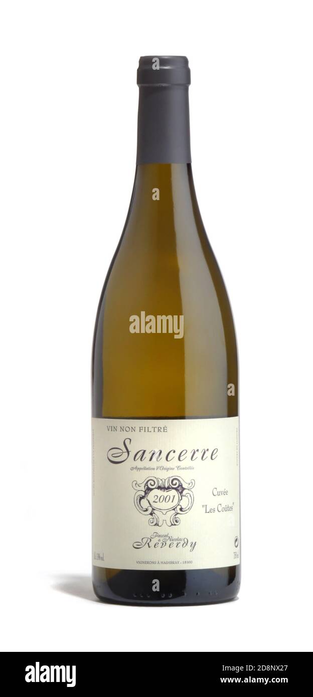 A bottle of Sancerre white wine photographed on a white background ...