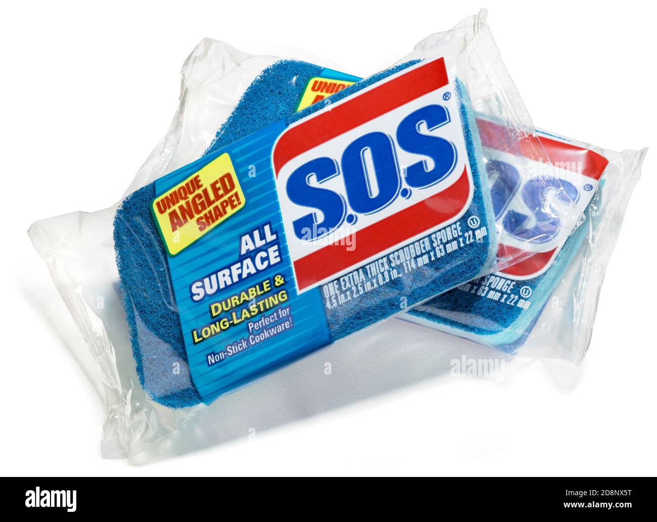 unique angled shape all surface sos scrubber sponge photographed on a ...