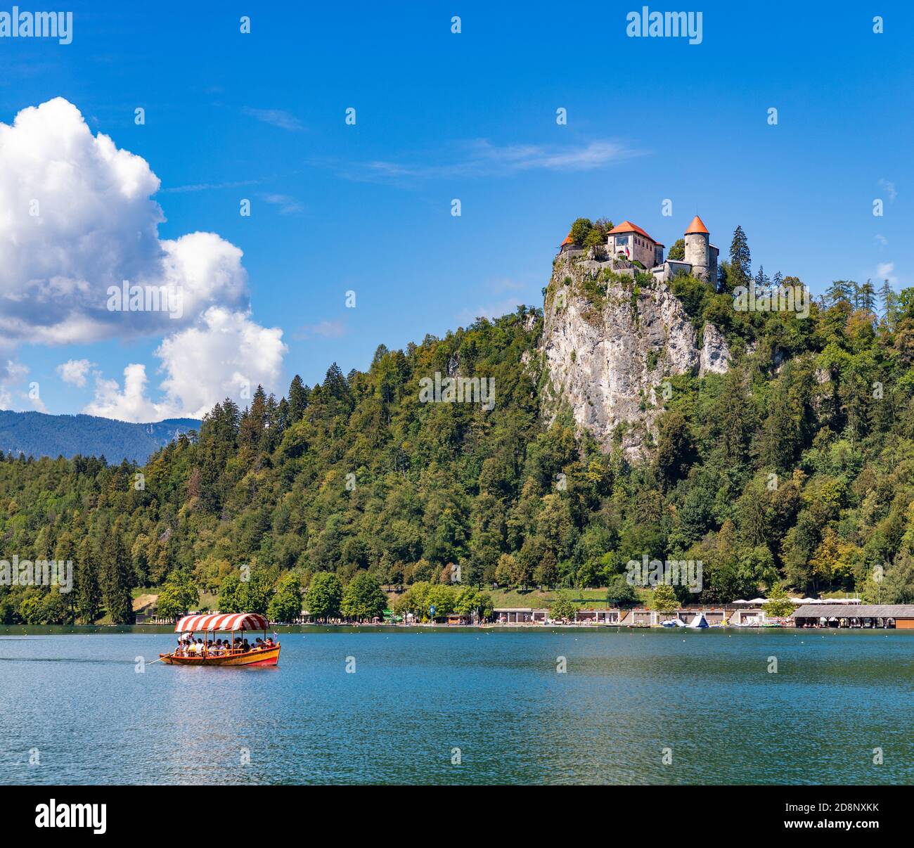 A picture of Bled Castle overlooking one of Lake Bled's gondolas, named ...