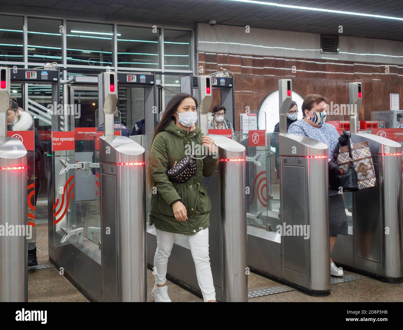 Moscow. Russia. October 29, 2020. Passengers pass through automatic ...