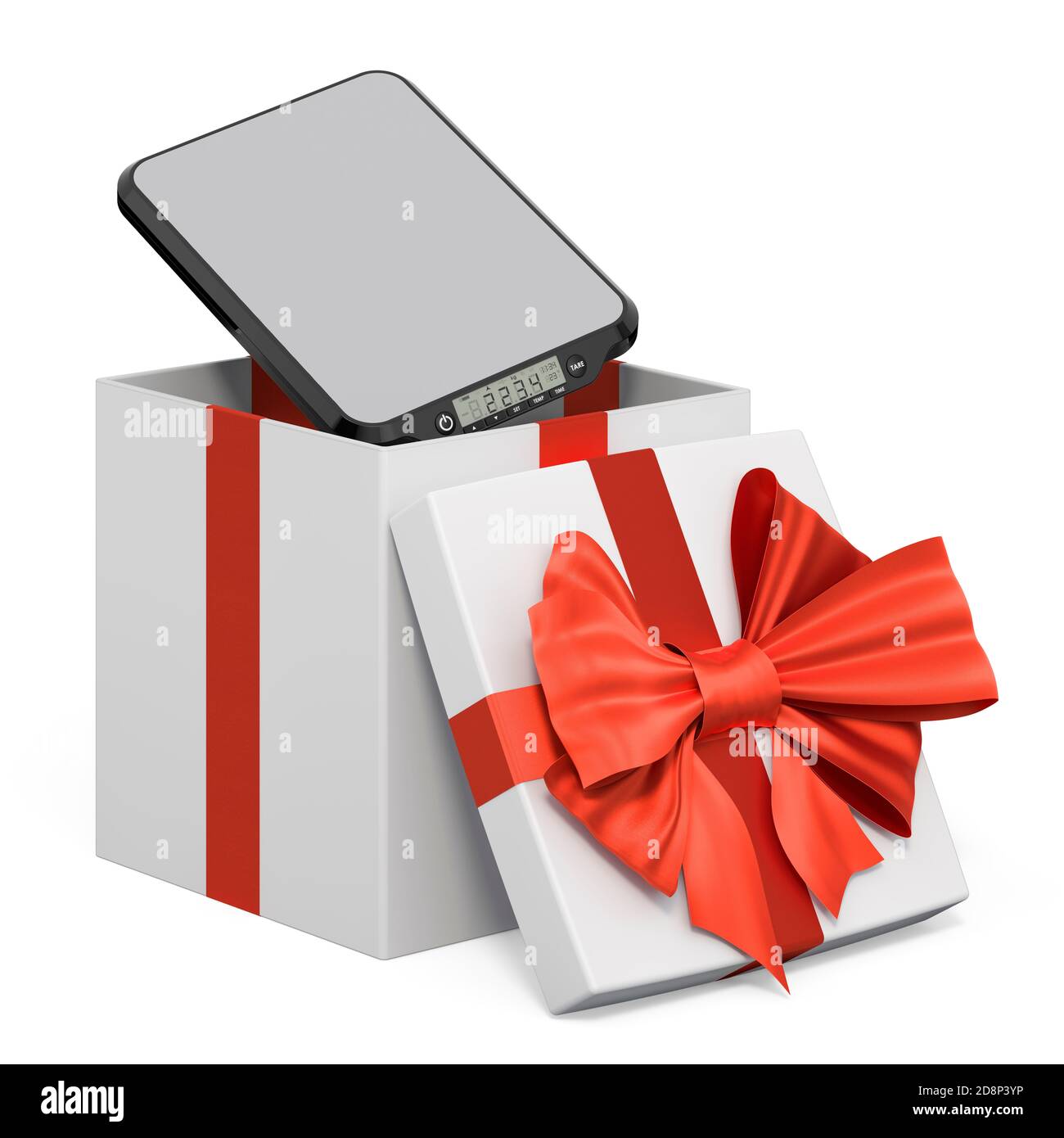 Digital kitchen scales inside gift box, present concept. 3D rendering ...