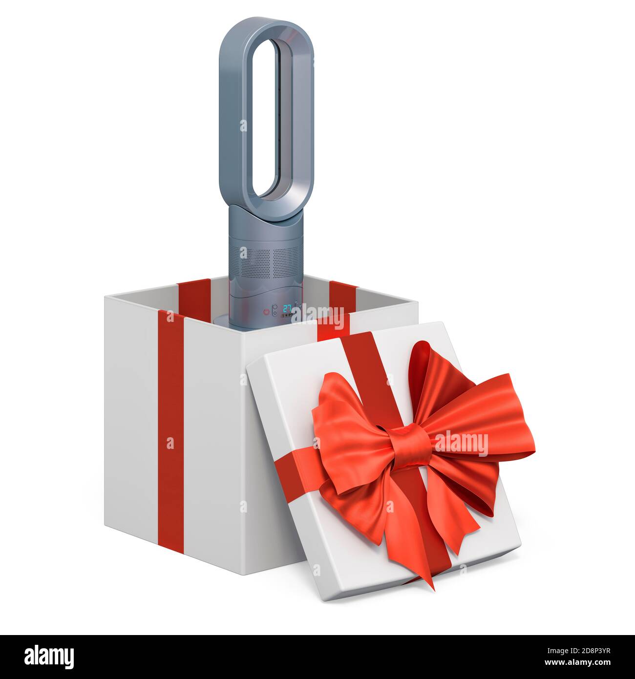 Bladeless air fan inside gift box, present concept. 3D rendering ...