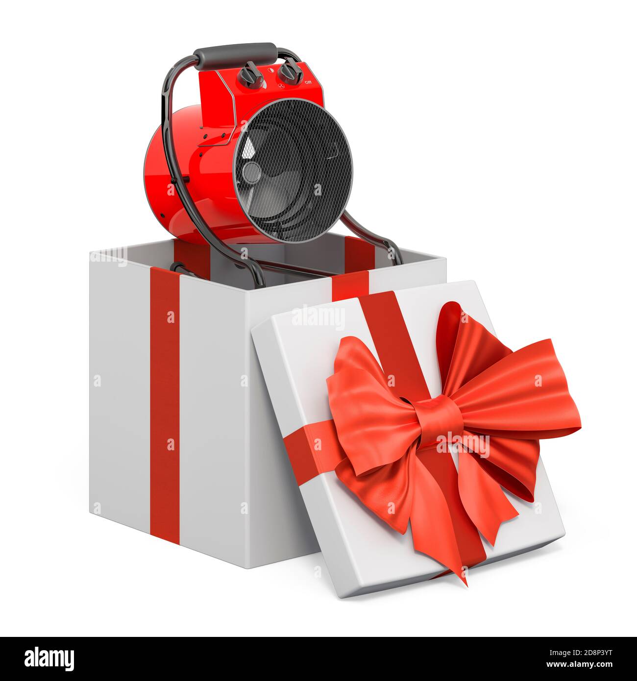 Blower heater inside gift box, present concept. 3D rendering isolated ...