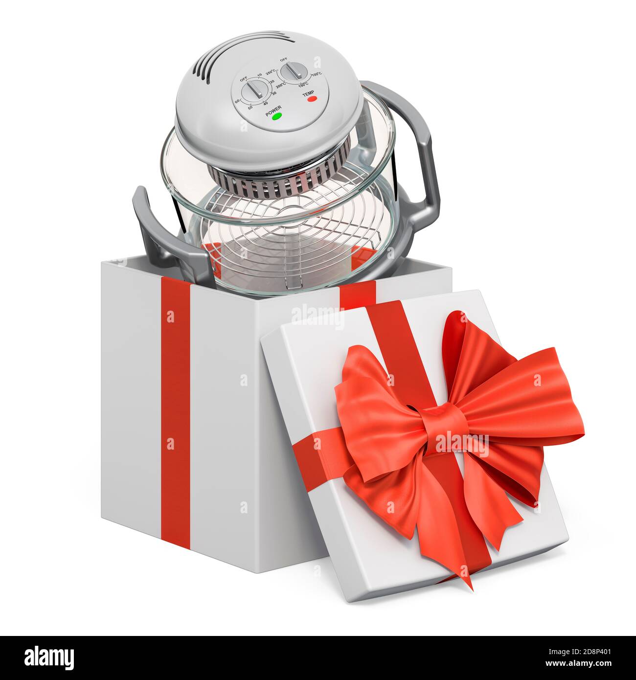 Fan-assisted oven inside gift box, present concept. 3D rendering ...