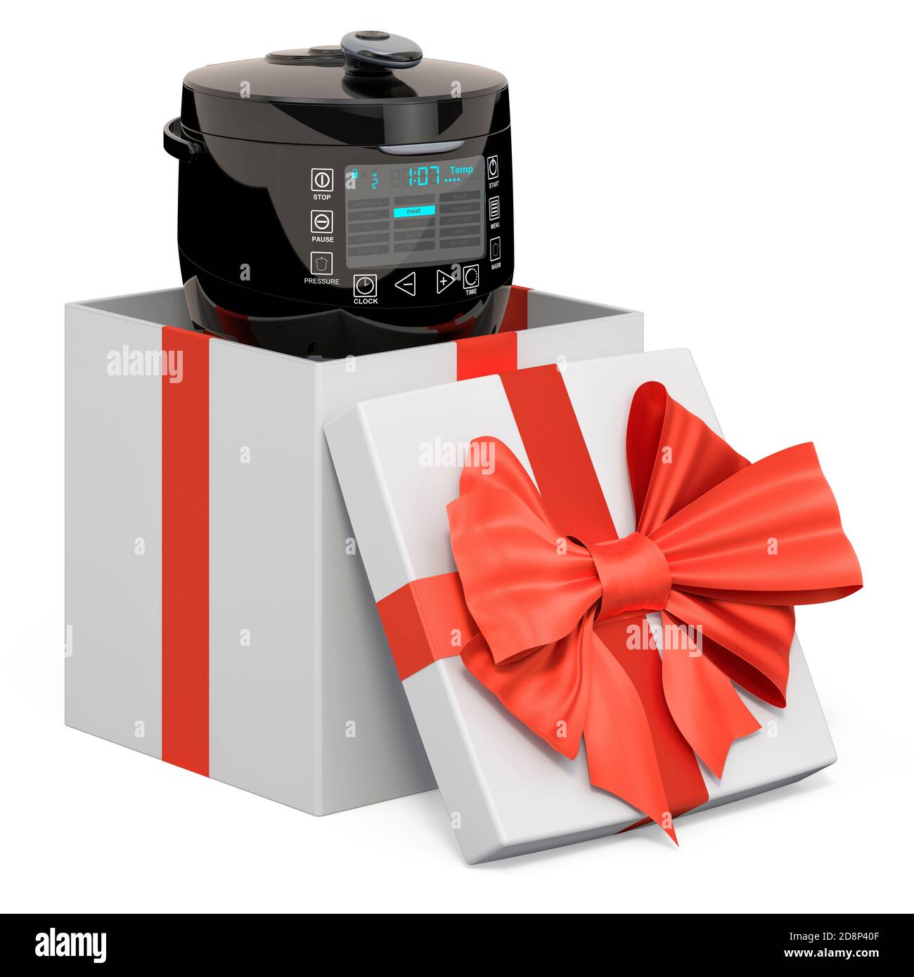 Automatic multicooker inside gift box, present concept. 3D rendering ...