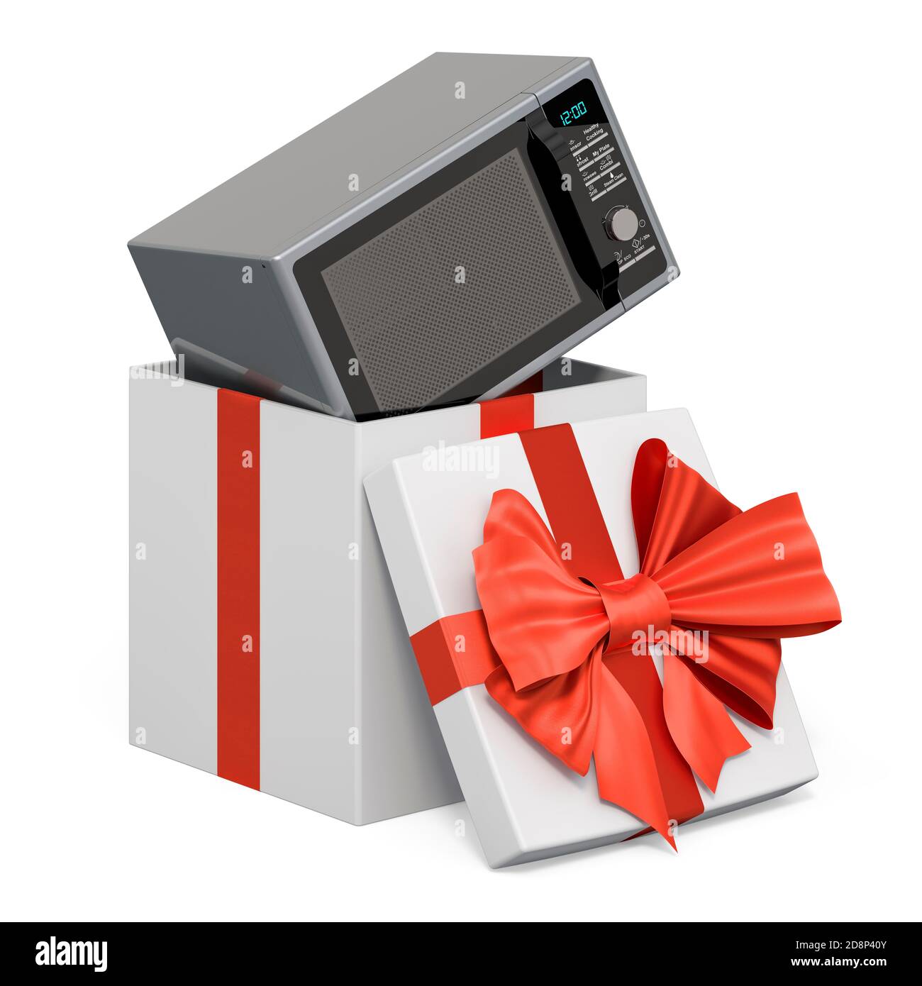 Microwave oven inside gift box, present concept. 3D rendering isolated ...