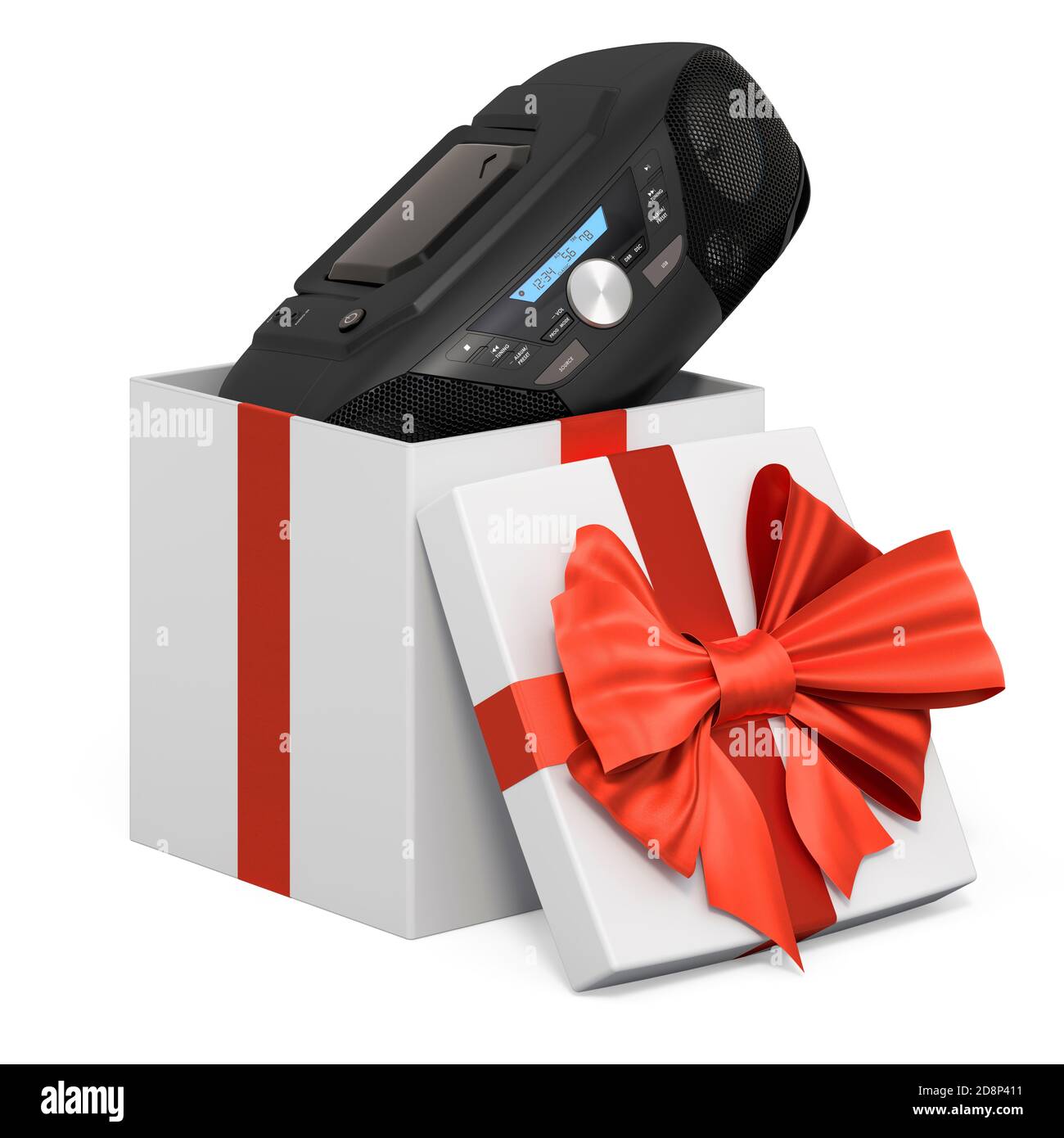 Modern CD Boombox with AM/FM Stereo Radio inside gift box, present ...