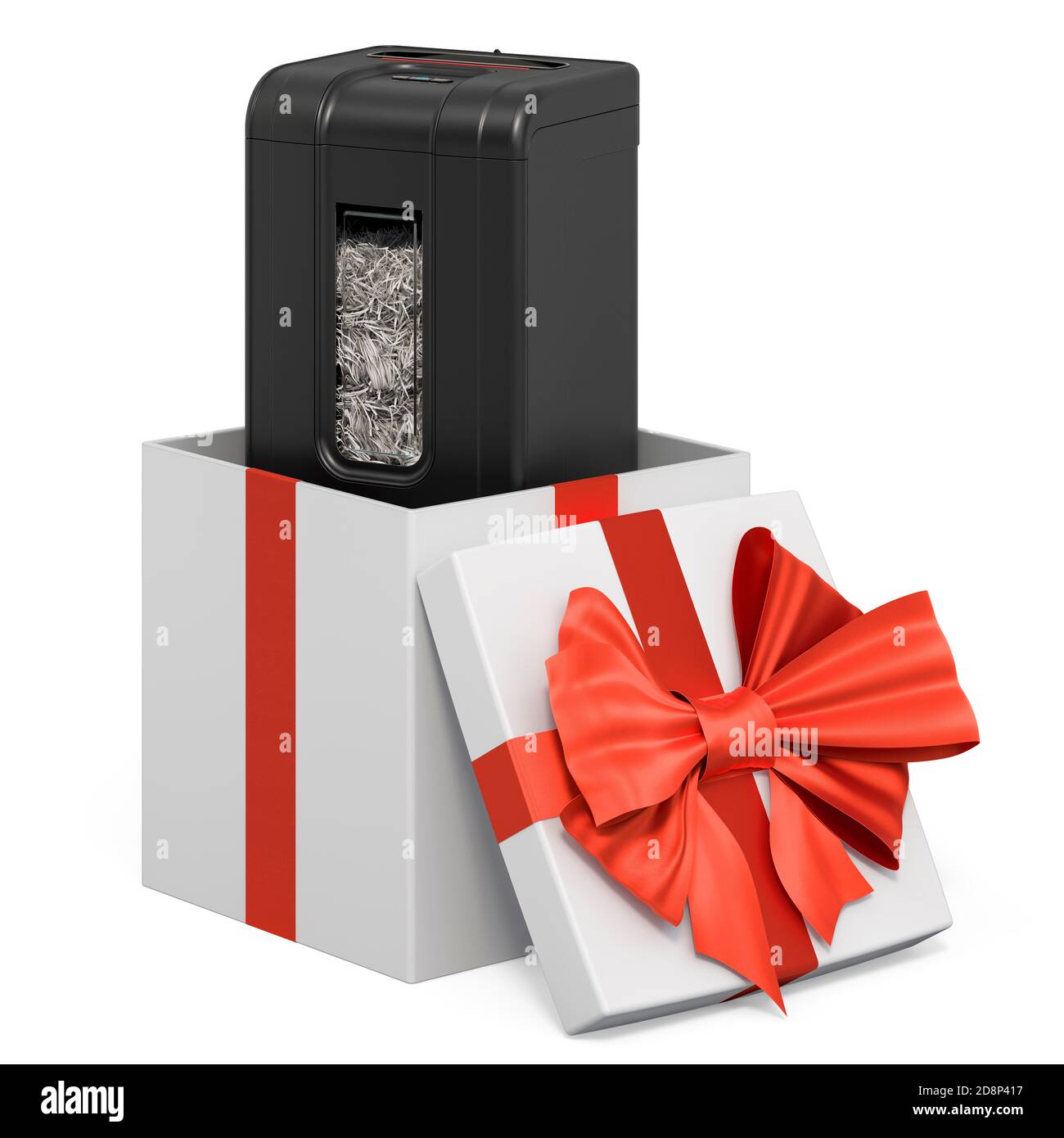 Paper shredder inside gift box, present concept. 3D rendering isolated ...