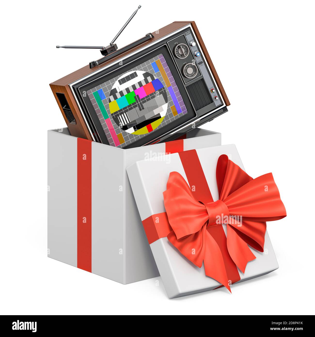 TV set inside gift box, present concept. 3D rendering isolated on white ...