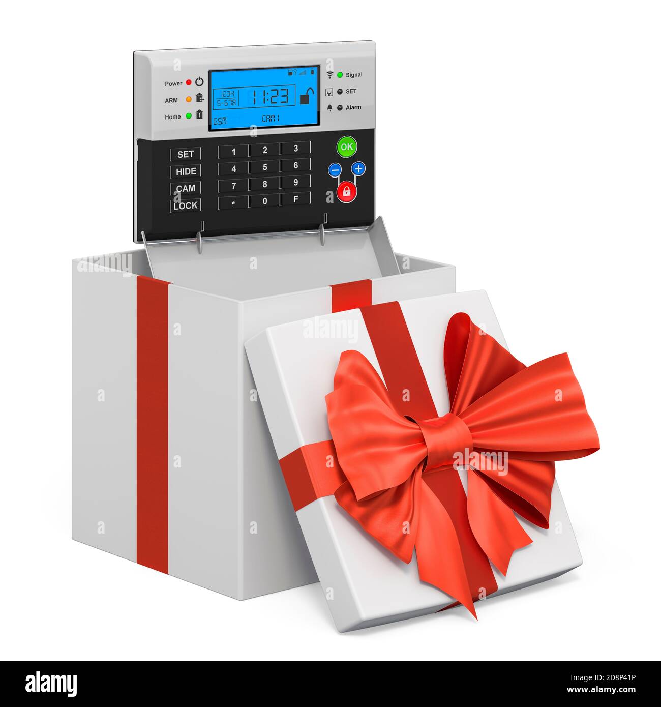 Security alarm system inside gift box, present concept. 3D rendering ...