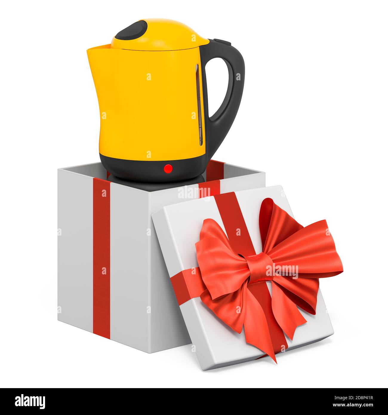 Electric kettle inside gift box, present concept. 3D rendering isolated ...