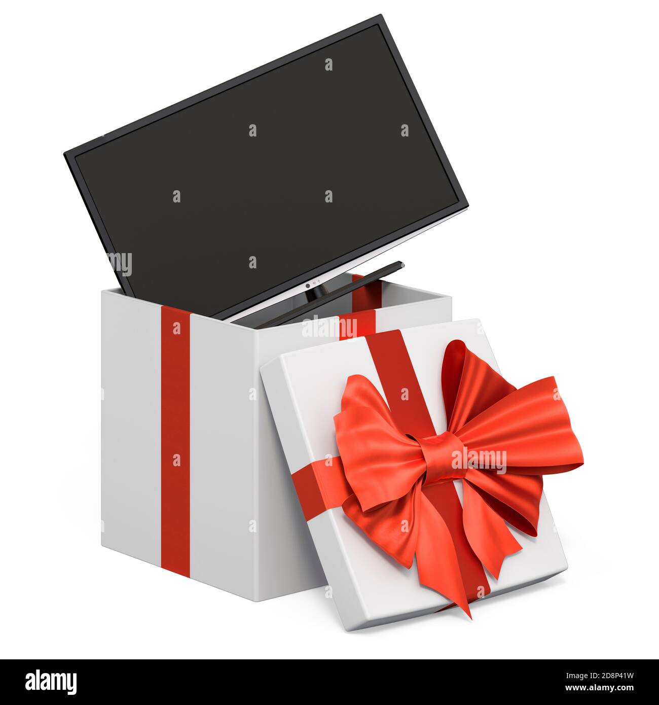 Modern TV set inside gift box, present concept. 3D rendering isolated ...