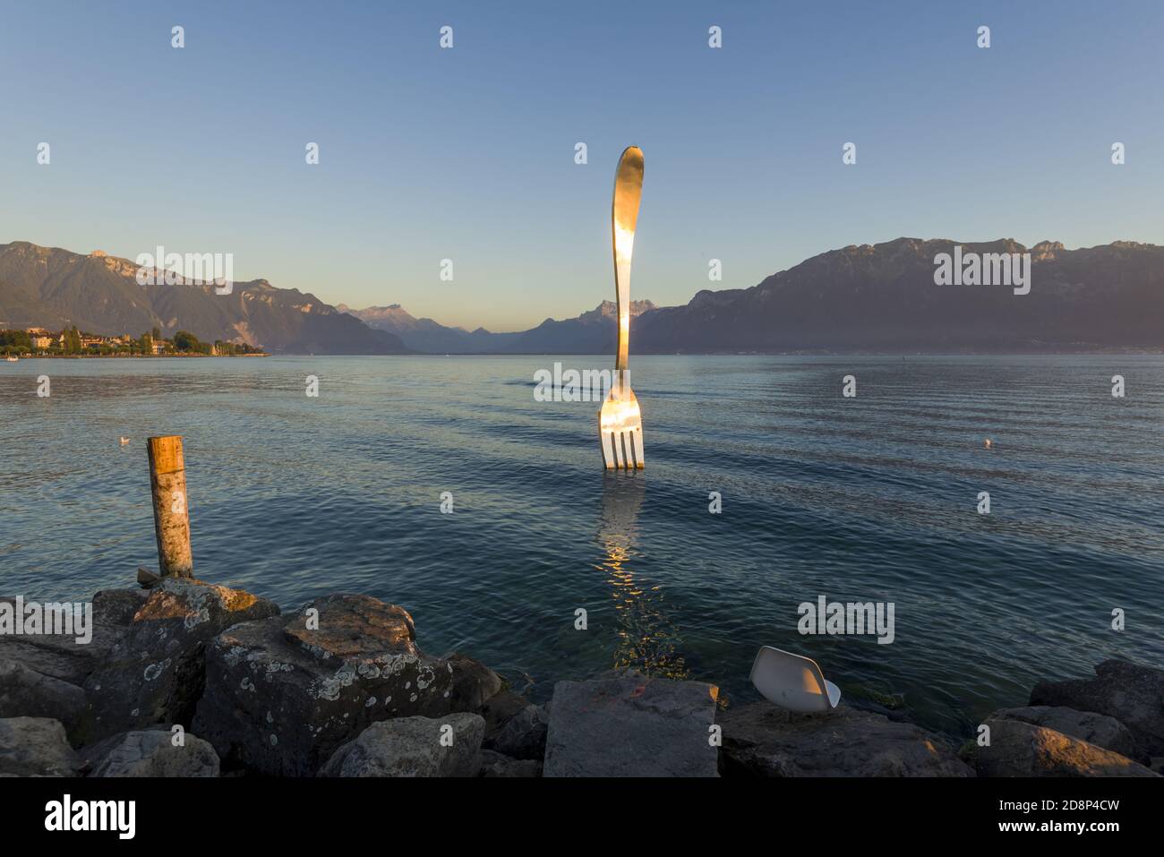 Giant fork in the geneva lake in Vevey, Switzerland Stock Photo - Alamy