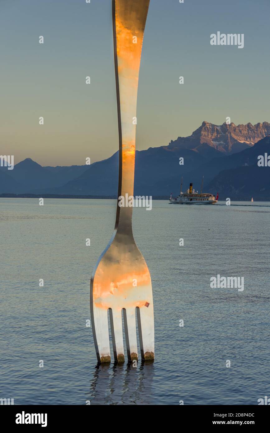 Giant fork in the geneva lake in Vevey, Switzerland Stock Photo - Alamy