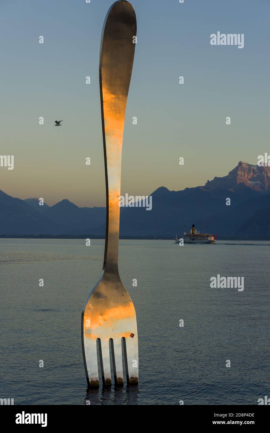Giant fork in the geneva lake in Vevey, Switzerland Stock Photo - Alamy