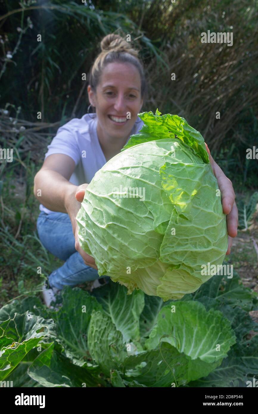 Happy woman with a cabbage in hands smiling.Harvest in vegetable garden ...