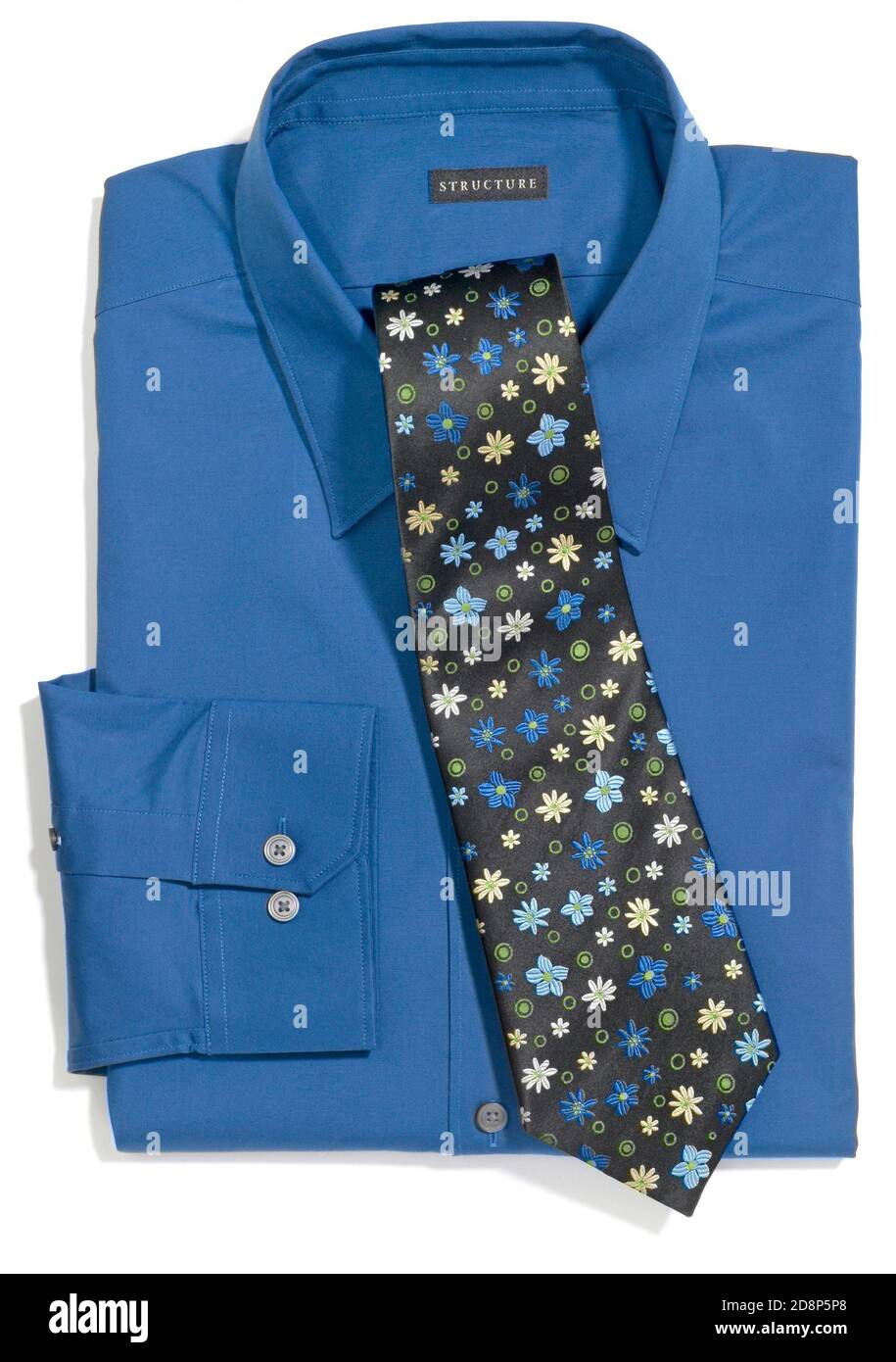 Structure brand folded blue dress shirt and black floral print tie ...