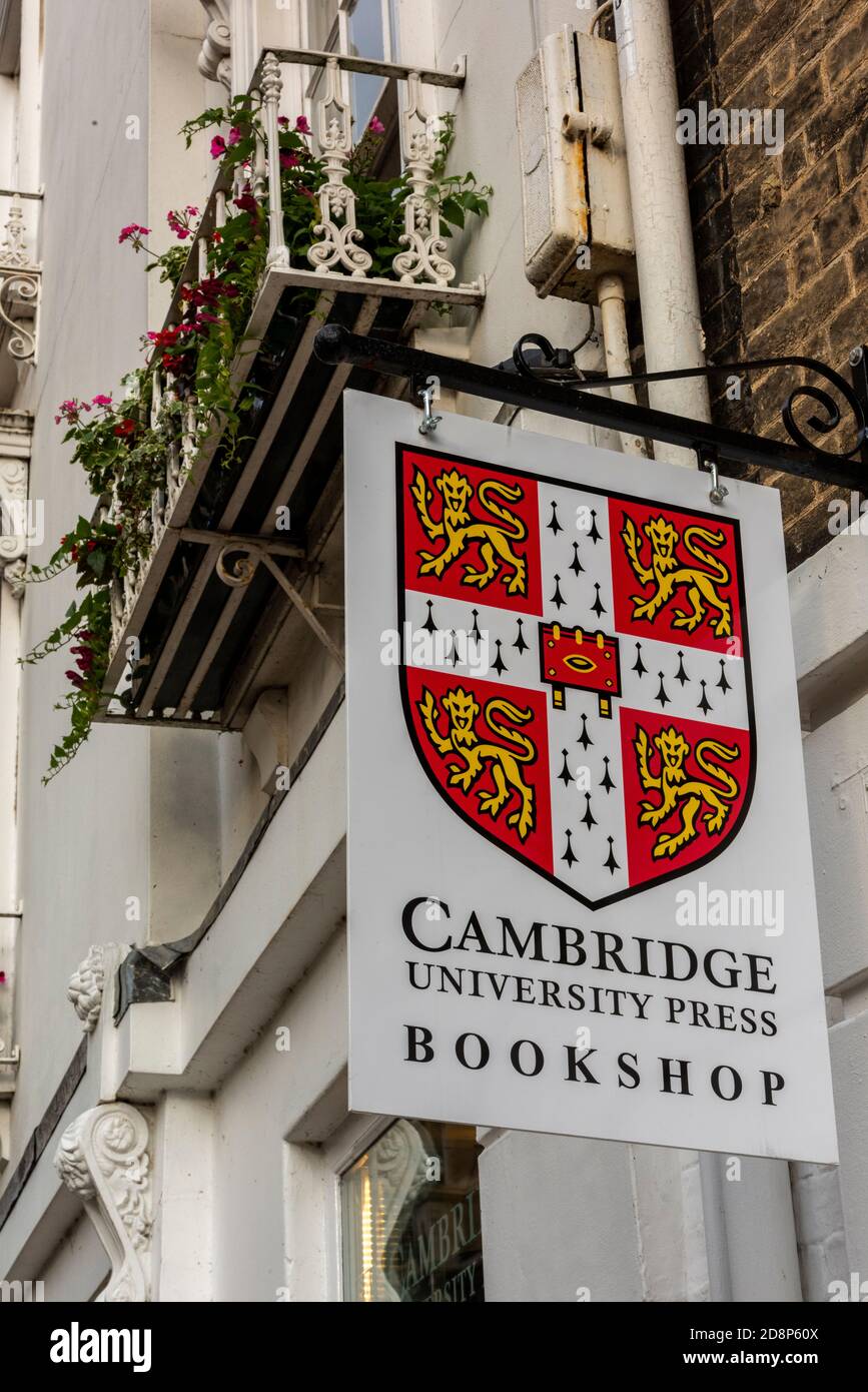 cambridge university bookshop sign with heraldic shield emblem in the ...