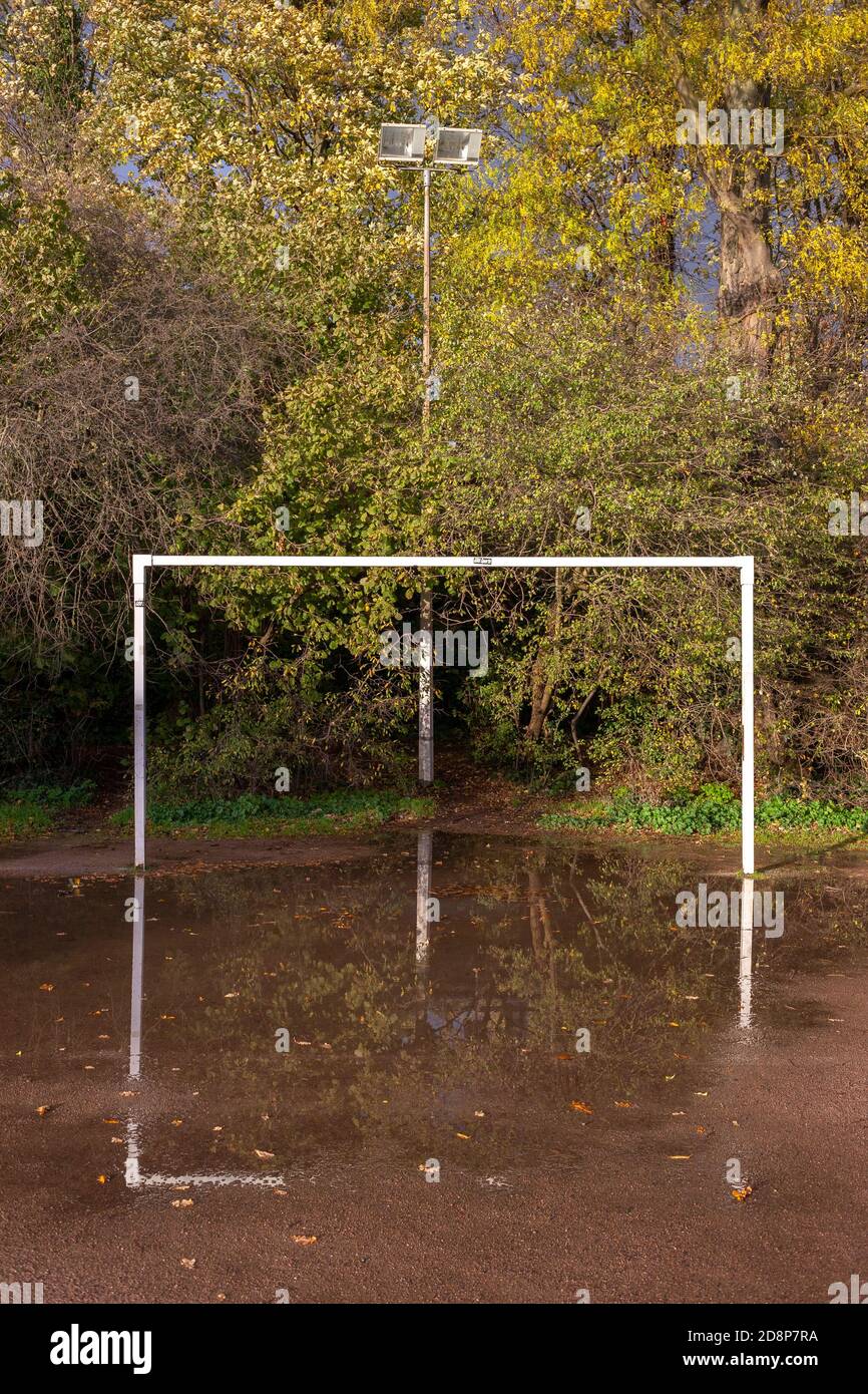 Football goalposts on an all weather pitch, Tooting Common, London ...