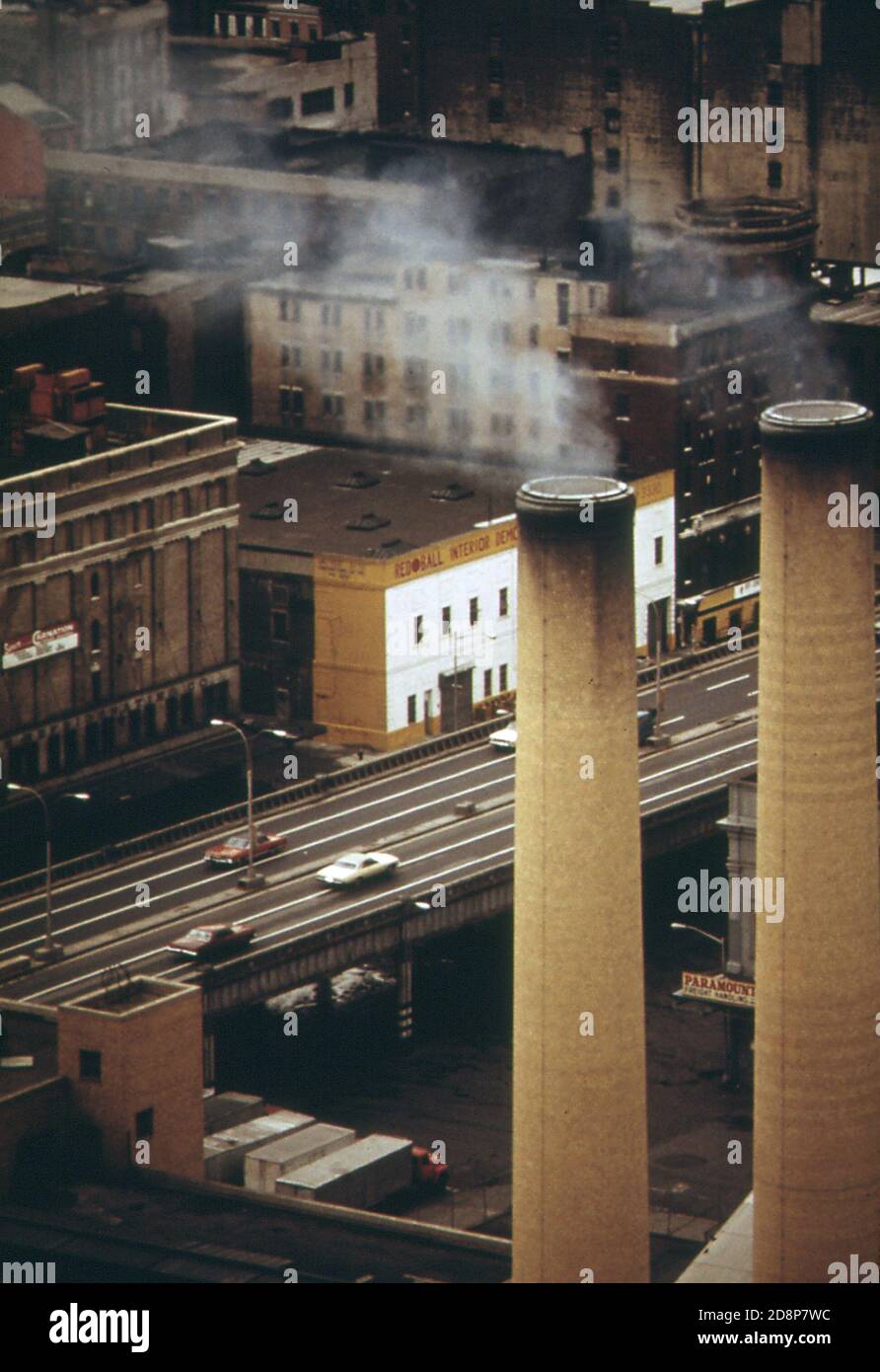Smokestacks of the Consolidated Edison Brooklyn power plant and; below ...