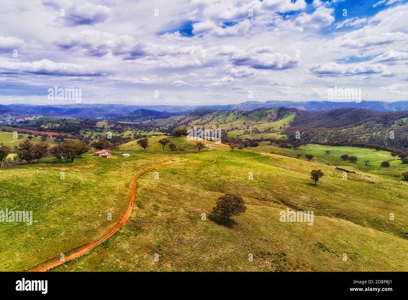Dirt Road on red soil of Australian outback country with grazing farm ...