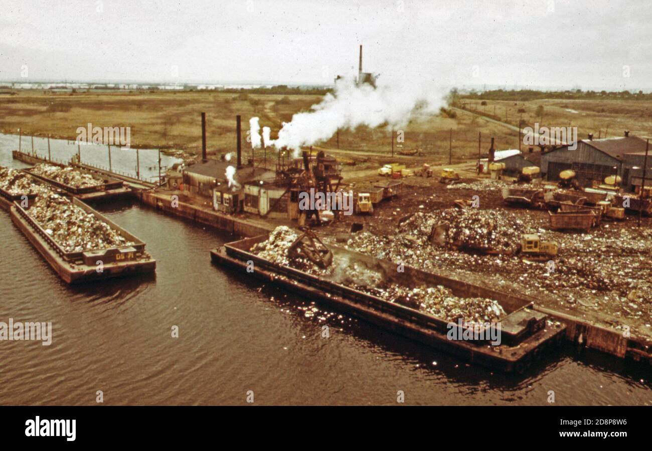 Garbage scows bring solid waste; for use as landfill; to Fresh Kills on ...