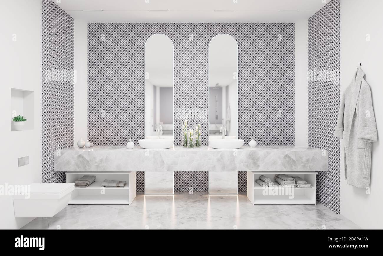 Modern interior design of bathroom 3d render 3d illustration Stock ...