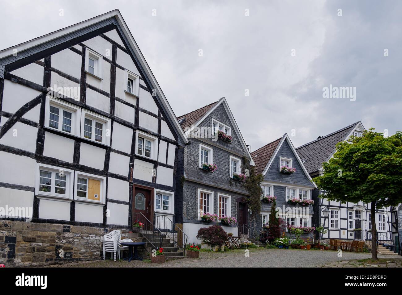 Outdoor street view of small town with traditional German wooden ...