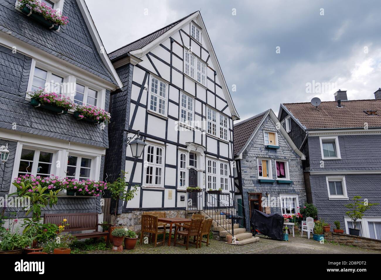 Outdoor street view of small town with traditional German wooden ...