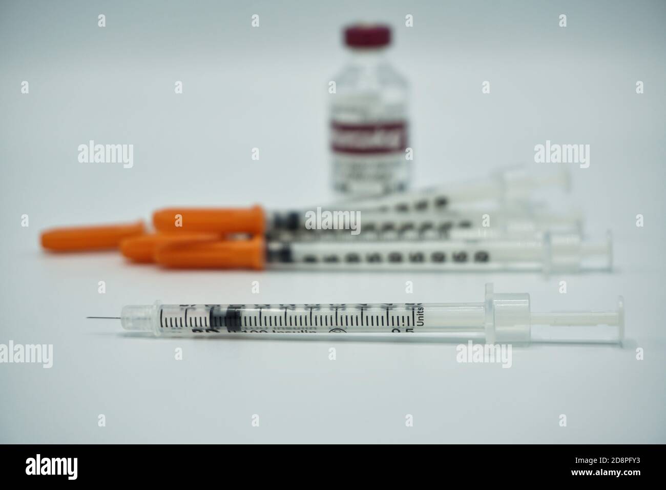 insulin bottle and disposable syringes for injections to treat diabetes ...
