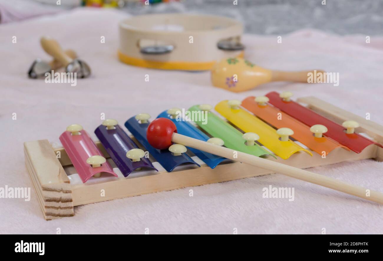 Closeup shot of colorful musical instruments for children for early ...